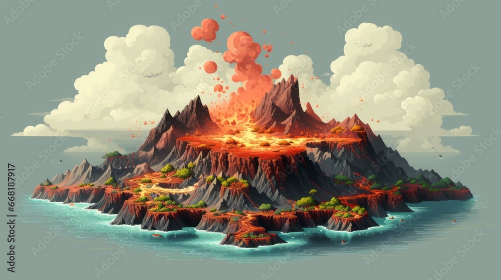 A pixelated rendition of a pixelated volcanic island with pixelated ...