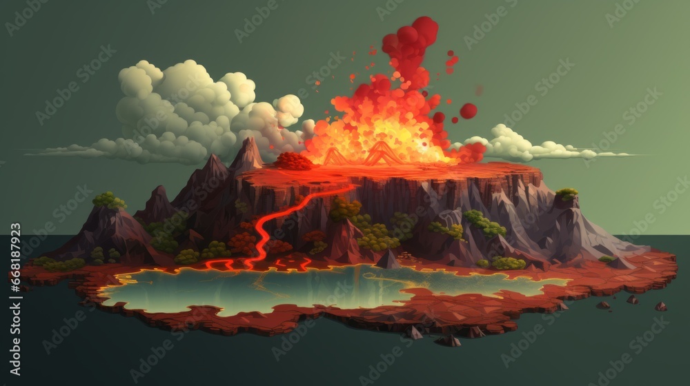 A pixelated rendition of a pixelated volcanic island with pixelated ...
