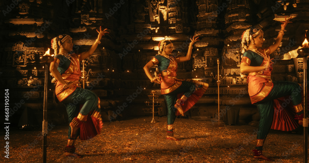 Portrait of Three Expressive Young Indian Dancers Performing Folk Dance ...