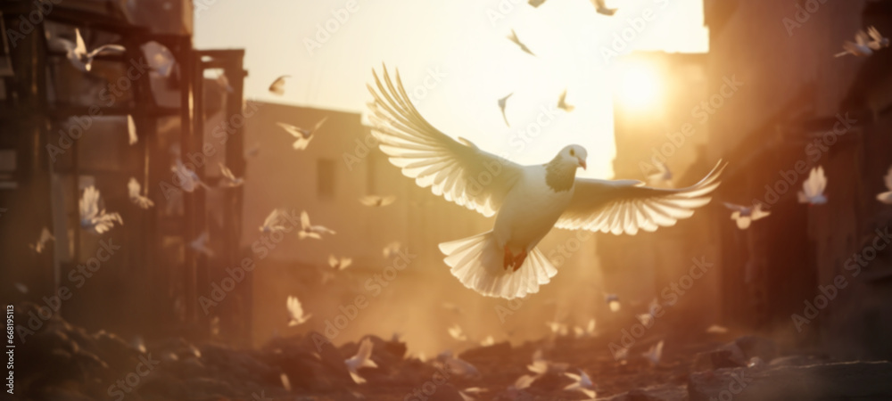 Peace crisis concept, White Dove pigeons flying in front of collapsed ...