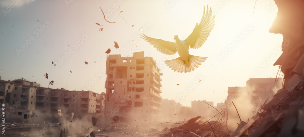 Peace crisis concept, White Dove pigeons flying in front of collapsed ...