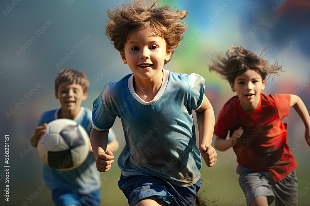 Summer holidays. Kids having fun in sport. Happy kids compete in ...