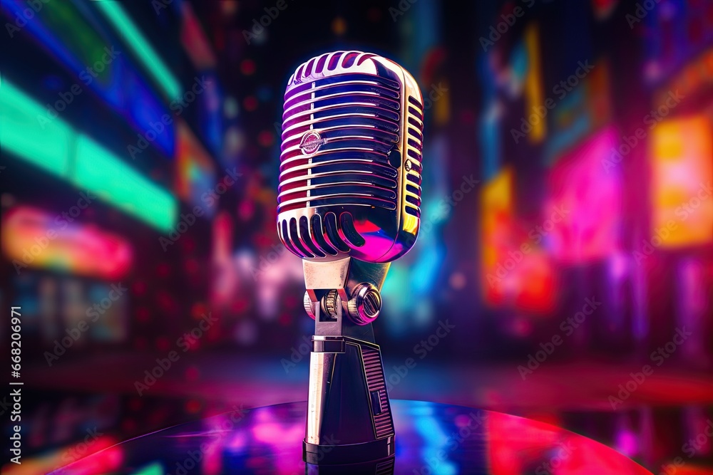 Vintage neon light microphone on stage. Golden era of music and ...