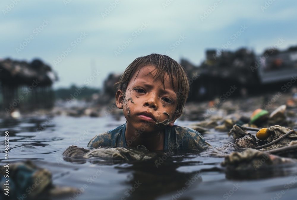 Sad Asian child swimming in river full of rubbish. AI Generated Images ...