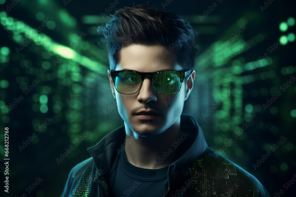 Portrait of IT specialist with smart glasses and cyberspace green ...