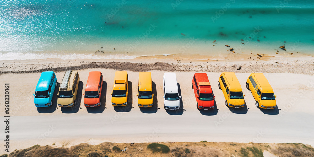 An aerial view reveals captivating scene assorted-colored vans neatly ...