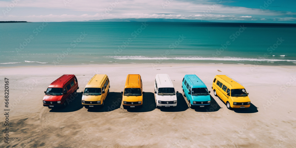 An aerial view reveals captivating scene assorted-colored vans neatly ...