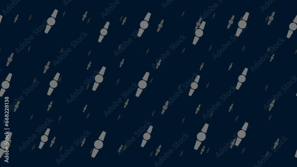 Wristwatch symbols float horizontally from left to right. Parallax fly effect. Floating symbols ...