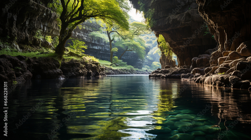 A massive cavern chamber with an underground river, the still waters ...