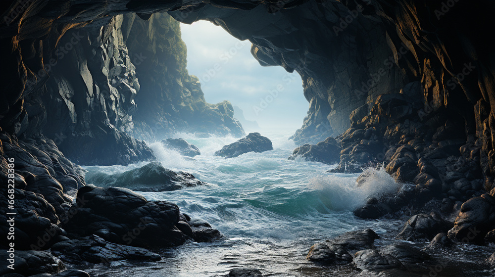 A coastal sea cave with a dramatic ocean view, where waves crash ...