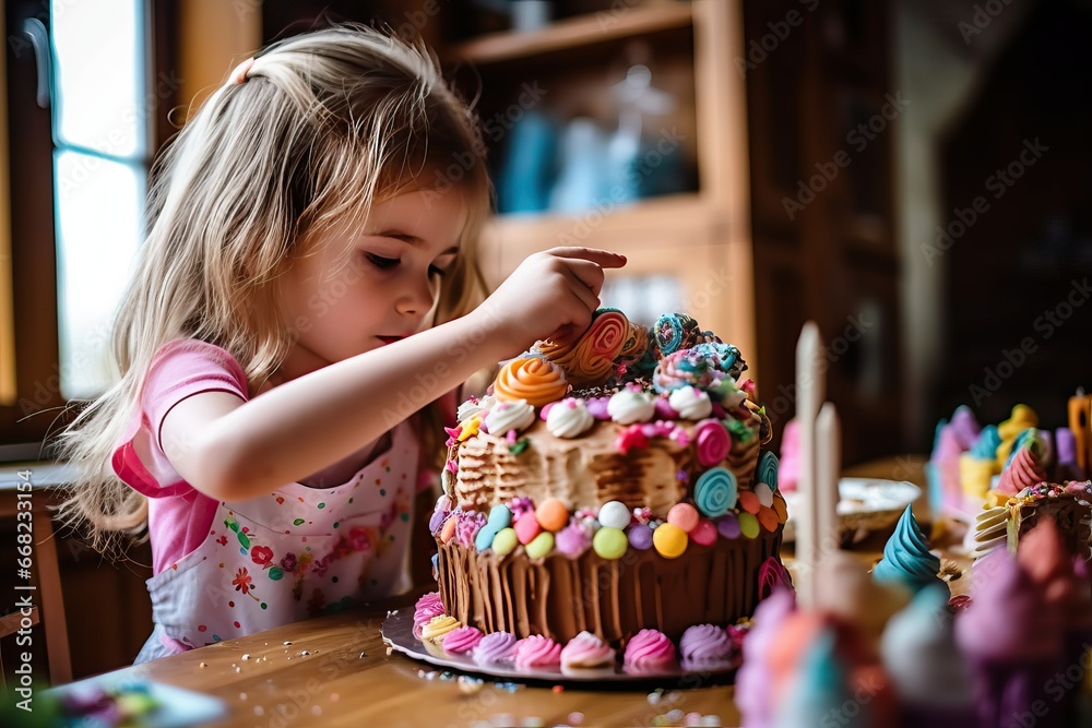 Child Lovingly Decorating a Birthday Cake with Colorful Frosting ...