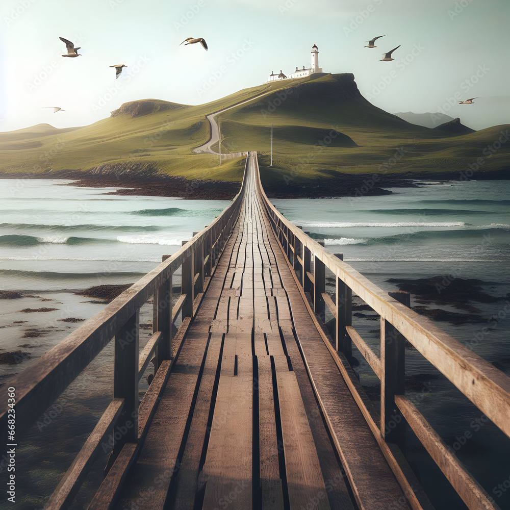 Long Wooden Bridge over a Rippling Atlantic Pacific Ocean Sea Leading ...