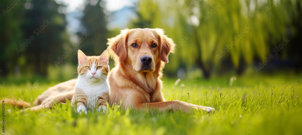 Cute dog and cat lying together on a green grass field nature in a ...