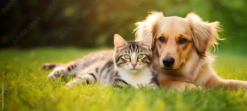 Cute dog and cat lying together on a green grass field nature in a ...