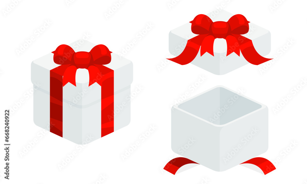 Open a mystery rounded rectangle gift box with a red ribbon on isolated ...