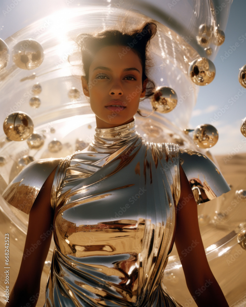 Generative AI stunning mixed race model posing wearing a gold dress ...