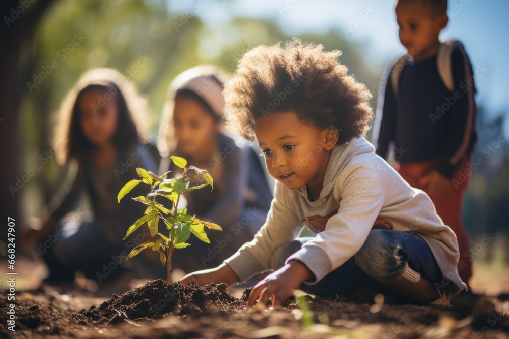 Beautiful little multi-ethnic children bend over a tiny green sprout in ...