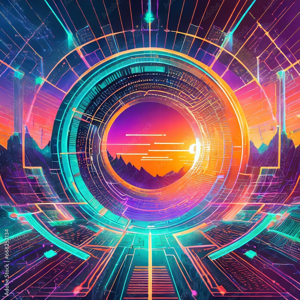 Cyber Security circle with wiring looking at the sunset, cyber, digital ...