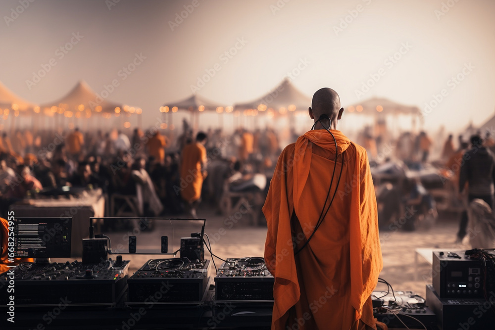 Selective focus at the back of Thai monks with orange Buddha uniform ...