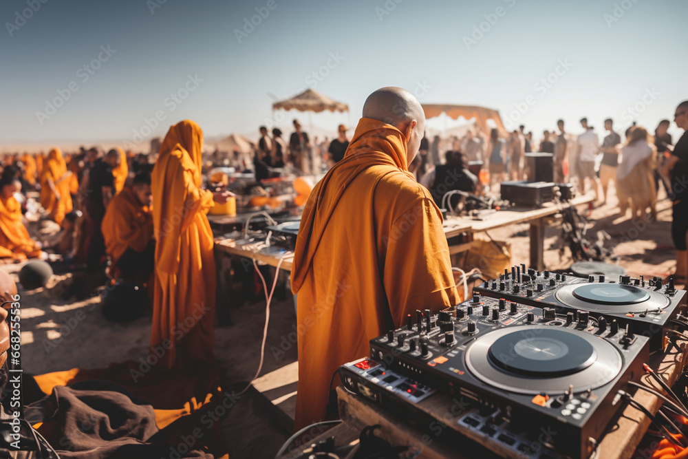 Selective focus at the back of Thai monks with orange Buddha uniform ...