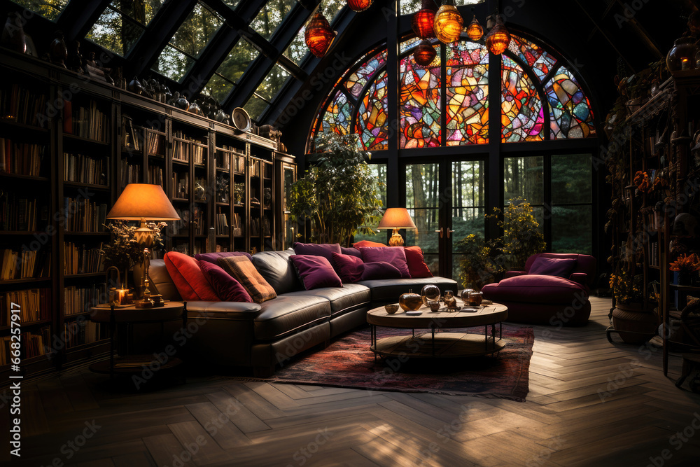 Elegant home library with stained glass windows, a cozy lounge area ...