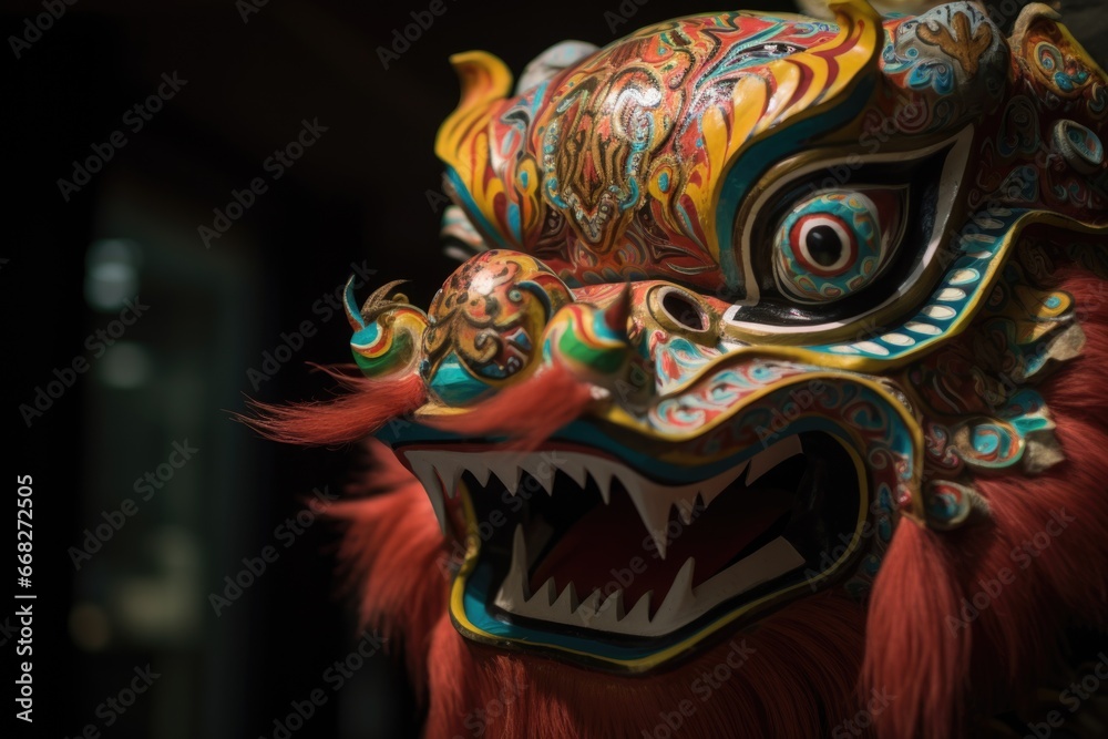 A traditional lion mask used in lion dance performances, displaying the ...