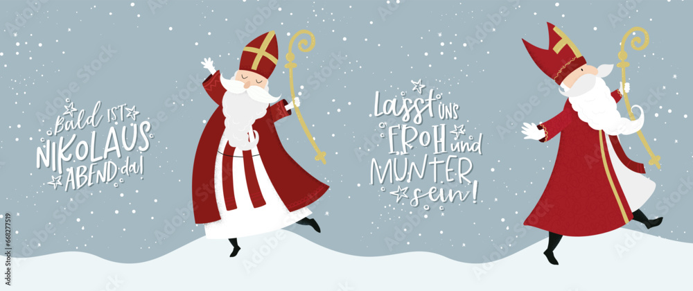 Lovely drawn Nikolaus character, text in german saying "Soon it's Saint ...