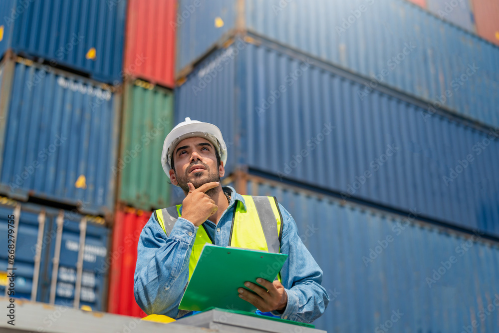 Engineer wears PPE checking container storage with cargo container ...
