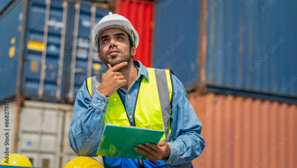 Engineer wears PPE checking container storage with cargo container ...