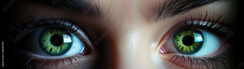 Green eyes. close-up macro photography. Human eye. Woman, female, she ...