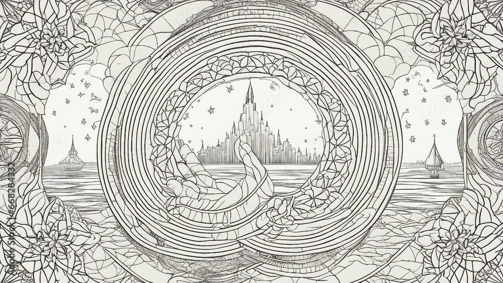 black and white background coloring book page opening the passage to ...