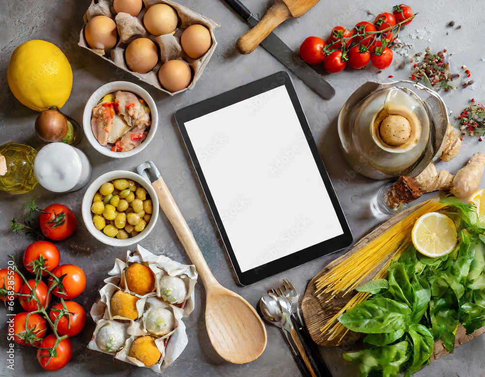 Tablet computer with mock up white screen in kitchen with food flat lay ...