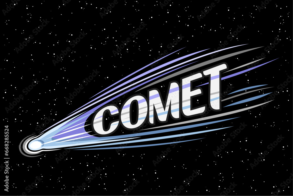 Vector illustration of Comet, horizontal astronomical poster with shooting purple ice comet ...