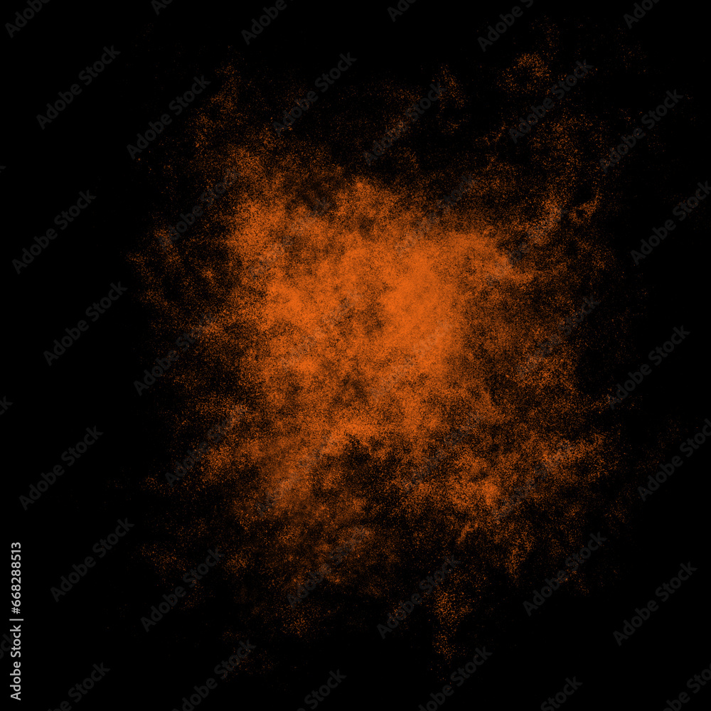 Orange color powder explosion isolated on black background. Royalty ...