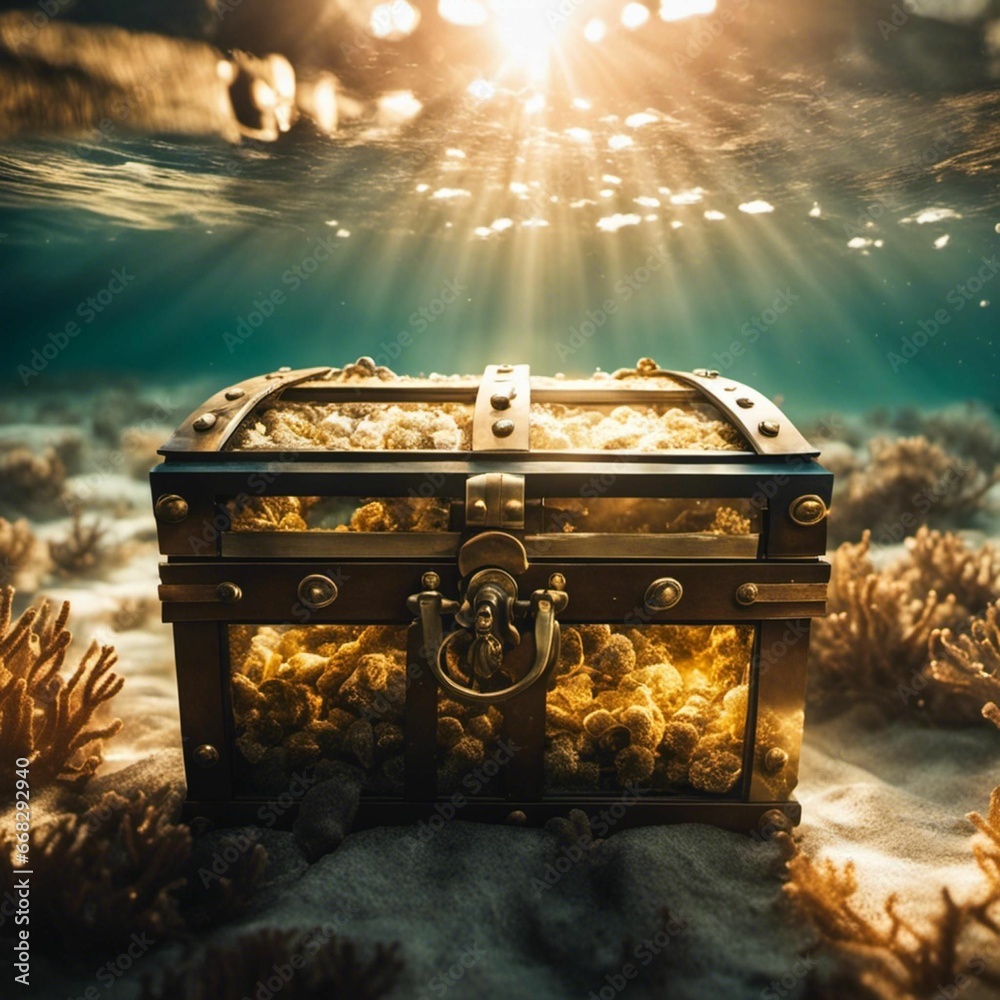 AI generated illustration of A sunken chest is visible on the sandy ...