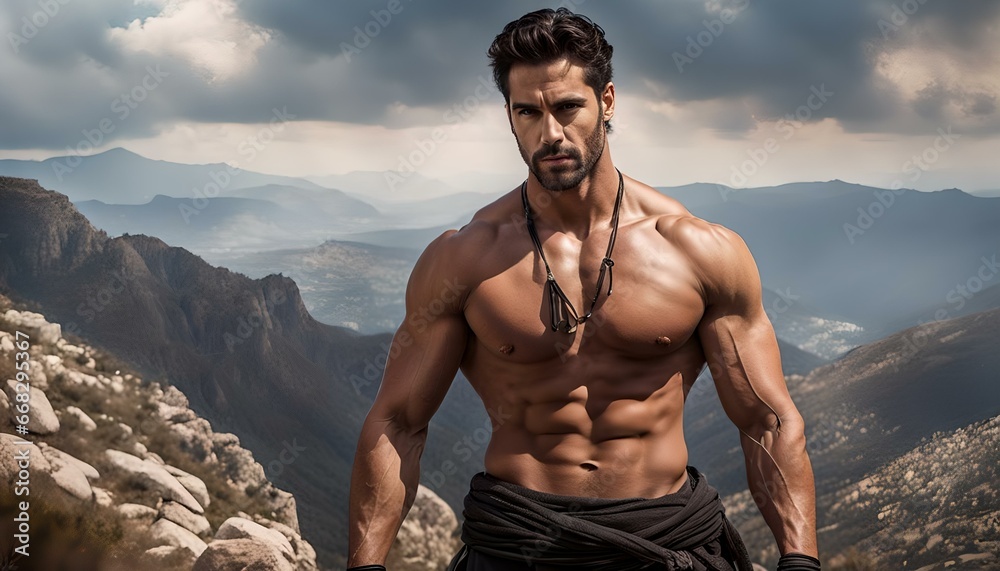 stunningly handsome Greek man in the top of a mountain with a well ...