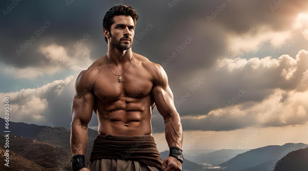 stunningly handsome Greek man in the top of a mountain with a well ...