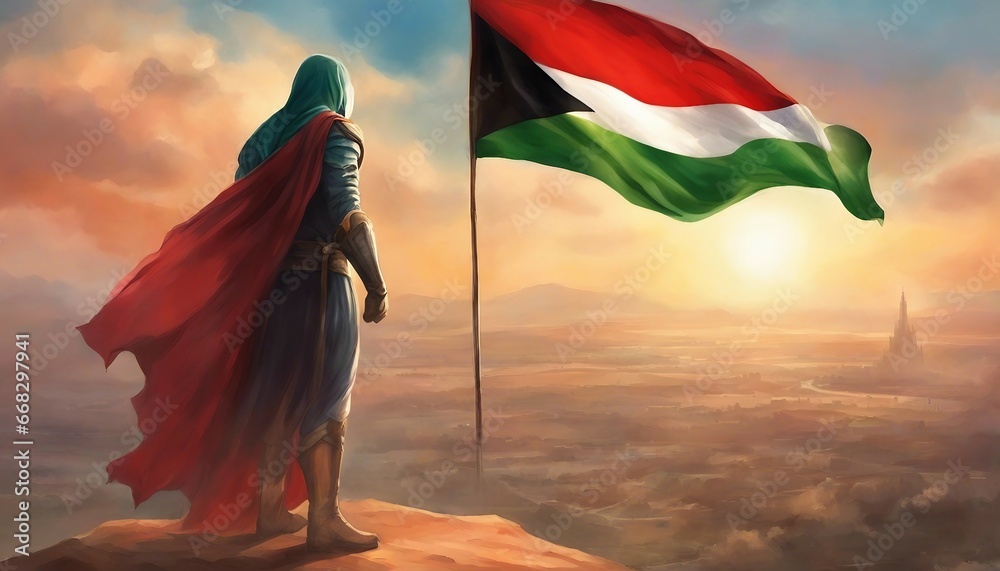 A man holds a Palestinian flag in front of a Al Aqsa Mosque. Superhero ...