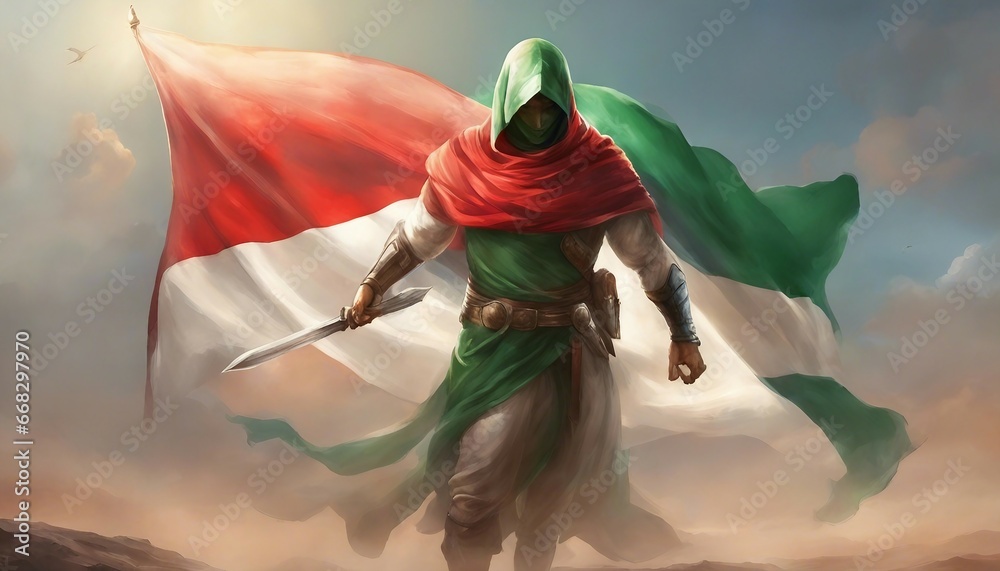 A man holds a Palestinian flag in front of a Al Aqsa Mosque. Superhero ...