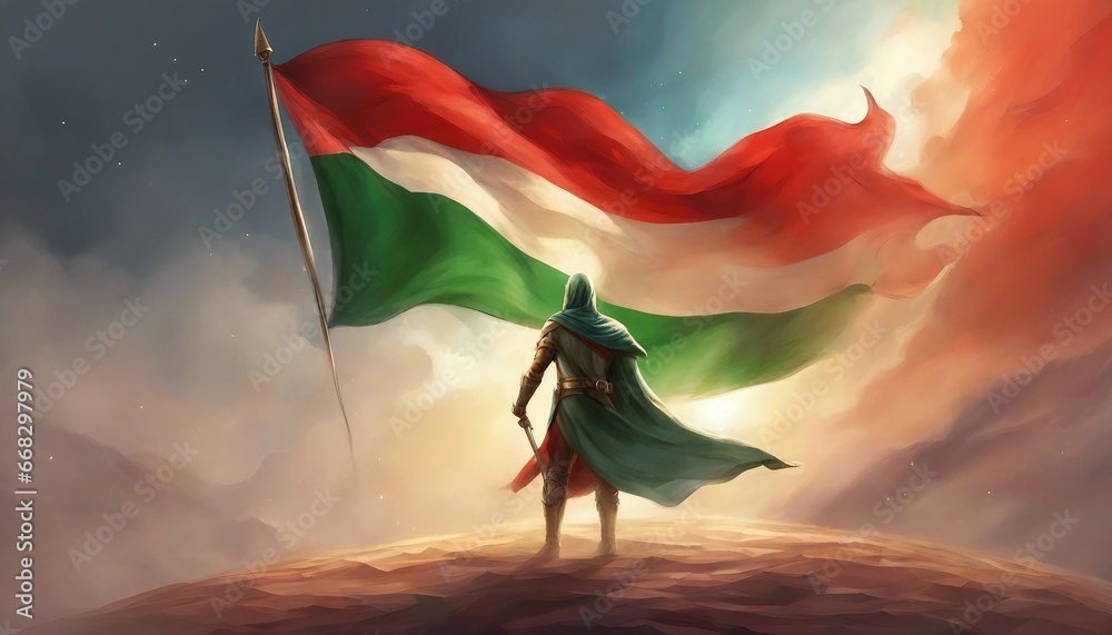 A man holds a Palestinian flag in front of a Al Aqsa Mosque. Superhero ...