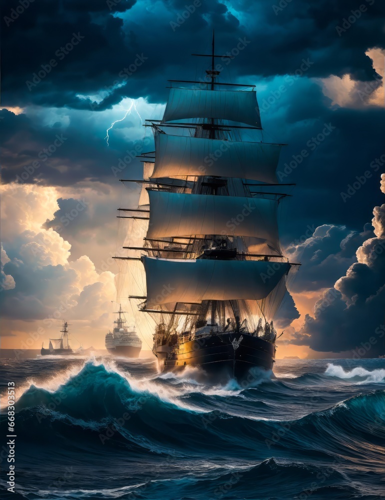 Sailing into the Unknown. The Sail Ship is Heading Toward a Big Storm ...