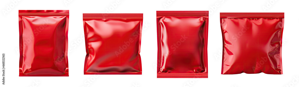 Set of red realistic foil plastic packages, empty pouch mockups ...