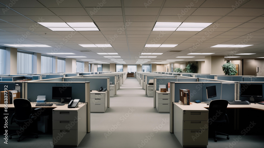 Down the row of a two-row cubicle farm with desks and dividers looking ...