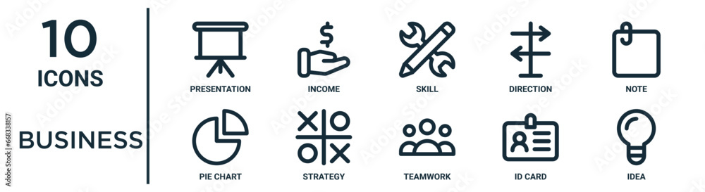 business outline icon set such as thin line presentation, skill, note ...