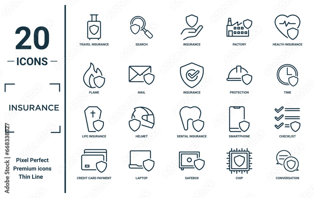 insurance linear icon set. includes thin line travel insurance, flame ...