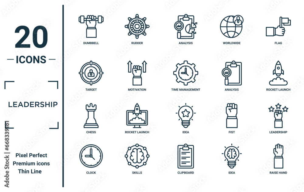 leadership linear icon set. includes thin line dumbbell, target, chess ...