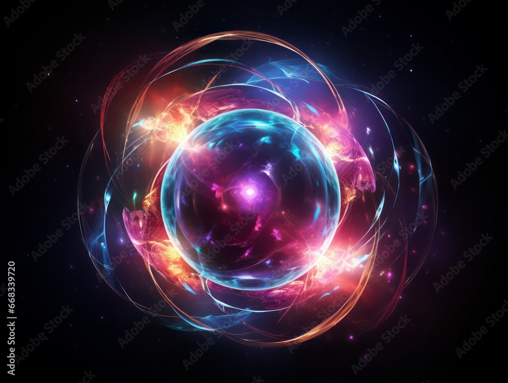 Atom Ball with Lighted Lights Floats in the Vast Expanse of Space ...