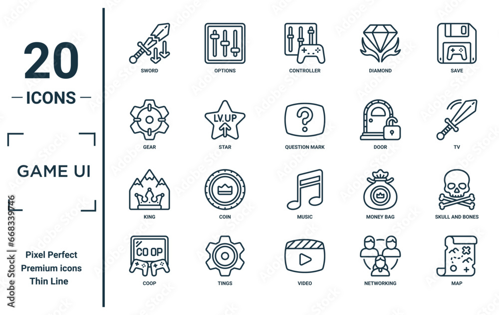 game ui linear icon set. includes thin line sword, gear, king, coop ...