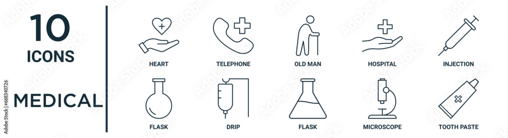 medical outline icon set such as thin line heart, old man, injection ...
