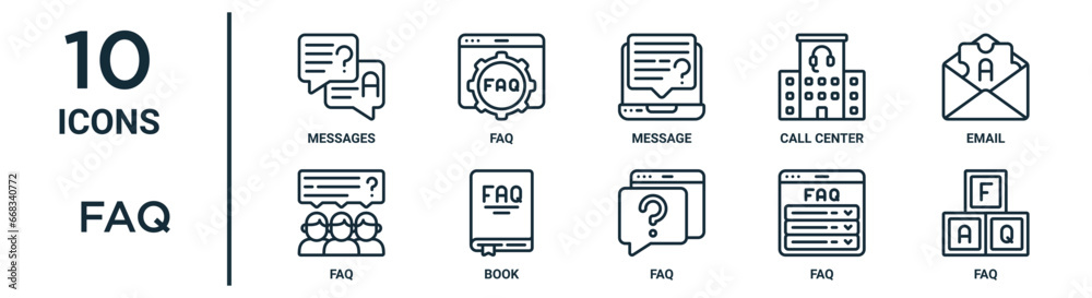 faq outline icon set such as thin line messages, message, email, book ...